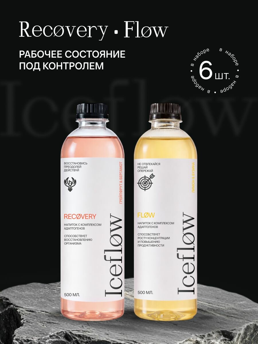 Набор функциональных напитков Iceflow Recovery + Flow для восстановления и продуктивности грейпфрут-бергамот и лимон-бузина 6х500 мл