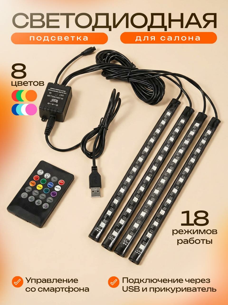 LED подсветка для автомобильного салона разноцветная с пультом ДУ / Автолампы в машину 4 панели 8 цветов свечения