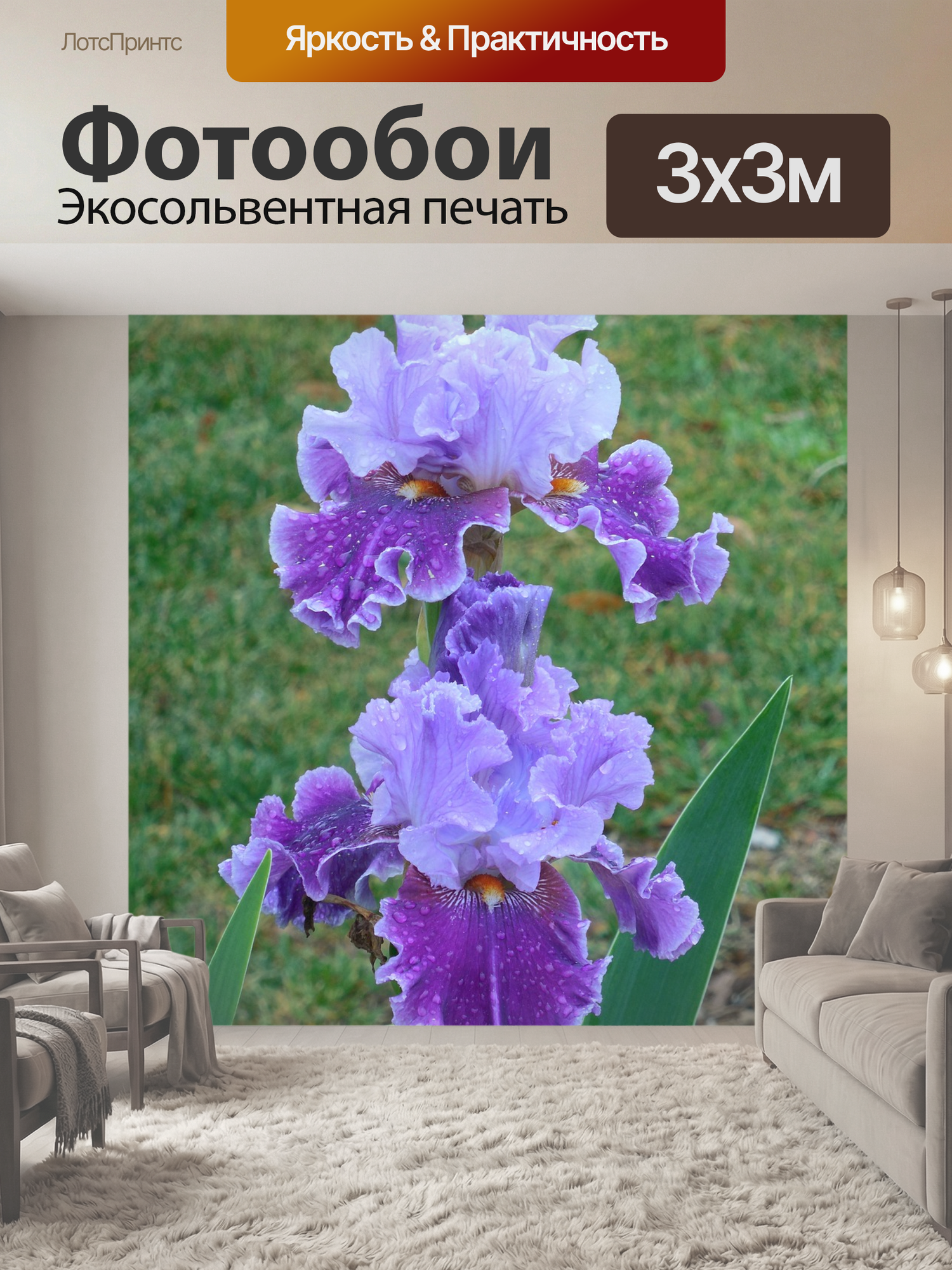 Фотообои "Ирис, блум, фиолетовый" 300x300 см. экосольвентная печать