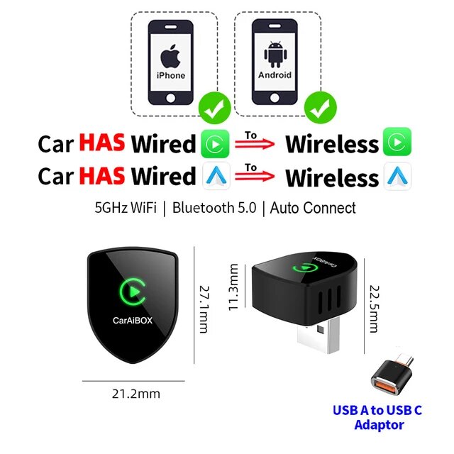 Усовершенствованный беспроводной адаптер EKY 2-в-1 для CarPlay, беспроводной автомобильный интеллектуальный блок Android с поддержкой искусственного интеллекта, совместимый с проводными автомобильными интеллектуальными системами CarPlay.