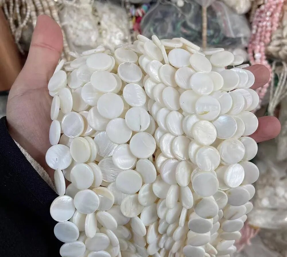 Бусины перламутр натуральный диски, Длина 32-38см, молочно-белый, для рукоделия