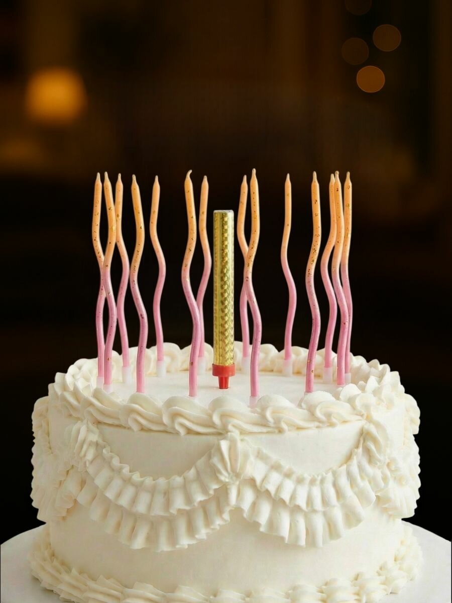 Набор витых свечей неоновых для торта розово-золотистый 12 штук
