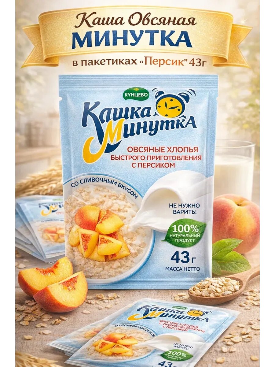 Каши быстрого приготовления Кунцево овсяные хлопья / каша овсяная в пакетиках "Персик" 43г 1 шт, 50 г, злаки