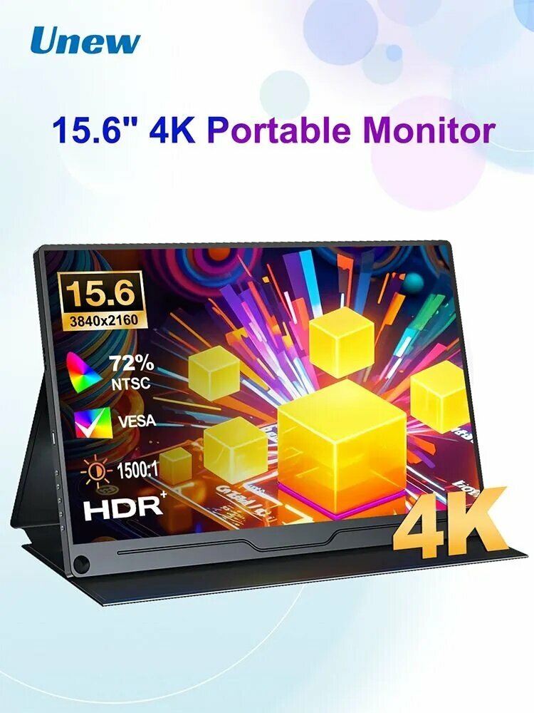 UNEW 15.6" Монитор Портативный монитор FHD 3840X2160 Ultra-Thin 4K IPS экран для ПК Внешний дисплей с USB-C для Xbox Switch PS4/5, черный матовый