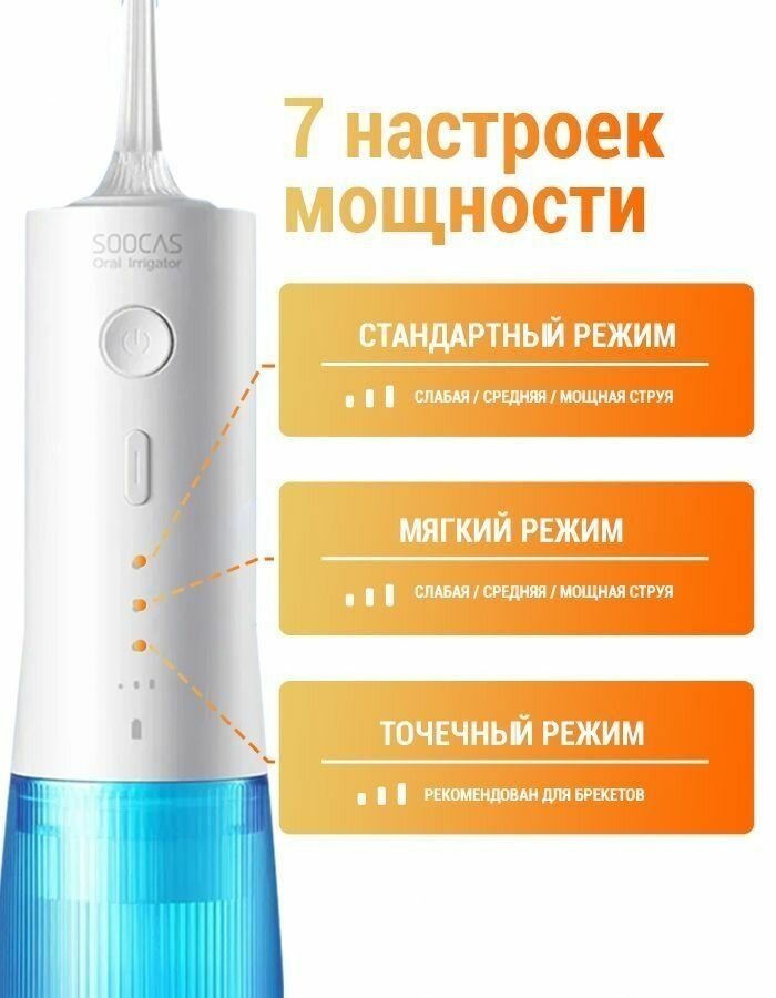 Портативный ирригатор Xiaomi Soocas W3Pro с 7 режимами работы, 4 насадками и USB-зарядкой идеален для ухода за брекетами и деснами
