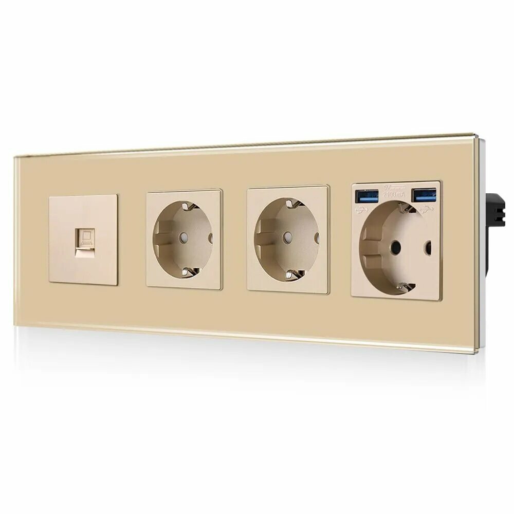 Розетка с USB-портами и интернетом / Rj-45,4 поста, золотая Закаленное стекло.