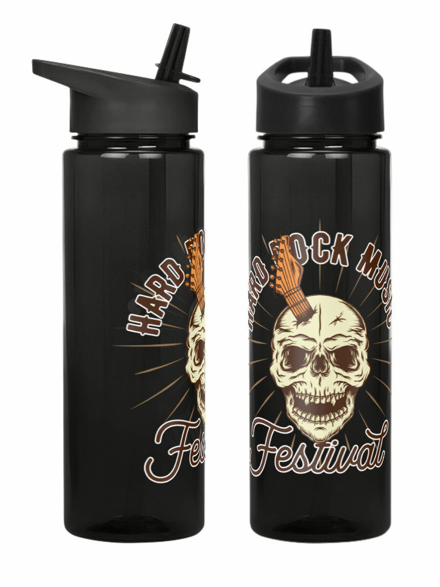Бутылка черная для воды с принтом Череп тяжелый рок. Скелет, гитара, музыка