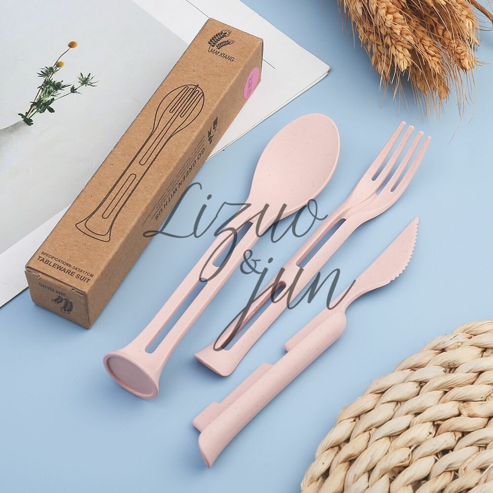 Детский набор посуды из пшеничной соломы, ложка вилка нож 3 в 1, дорожный комплект столовых приборов