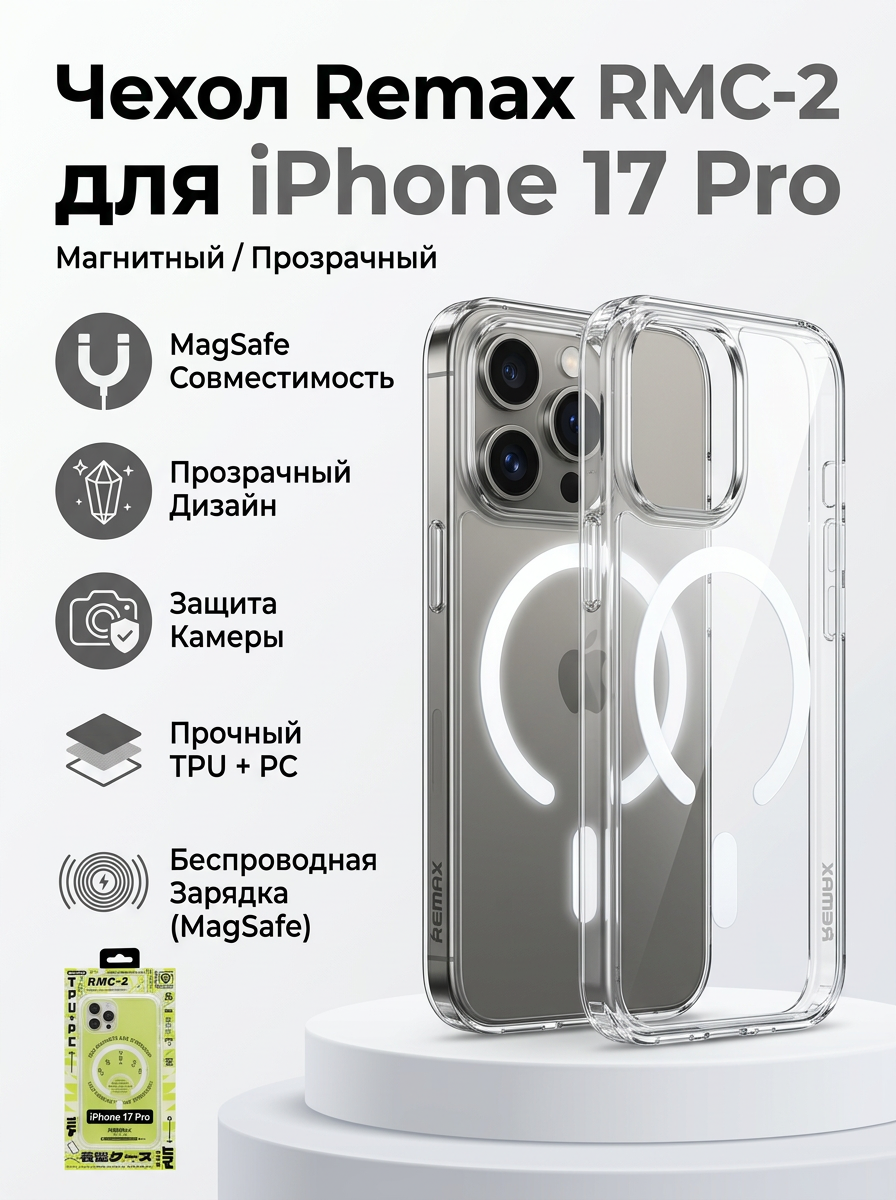 Чехол Remax RMC-2 для iPhone 17 Pro, с поддержкой MagSafe, прозрачный