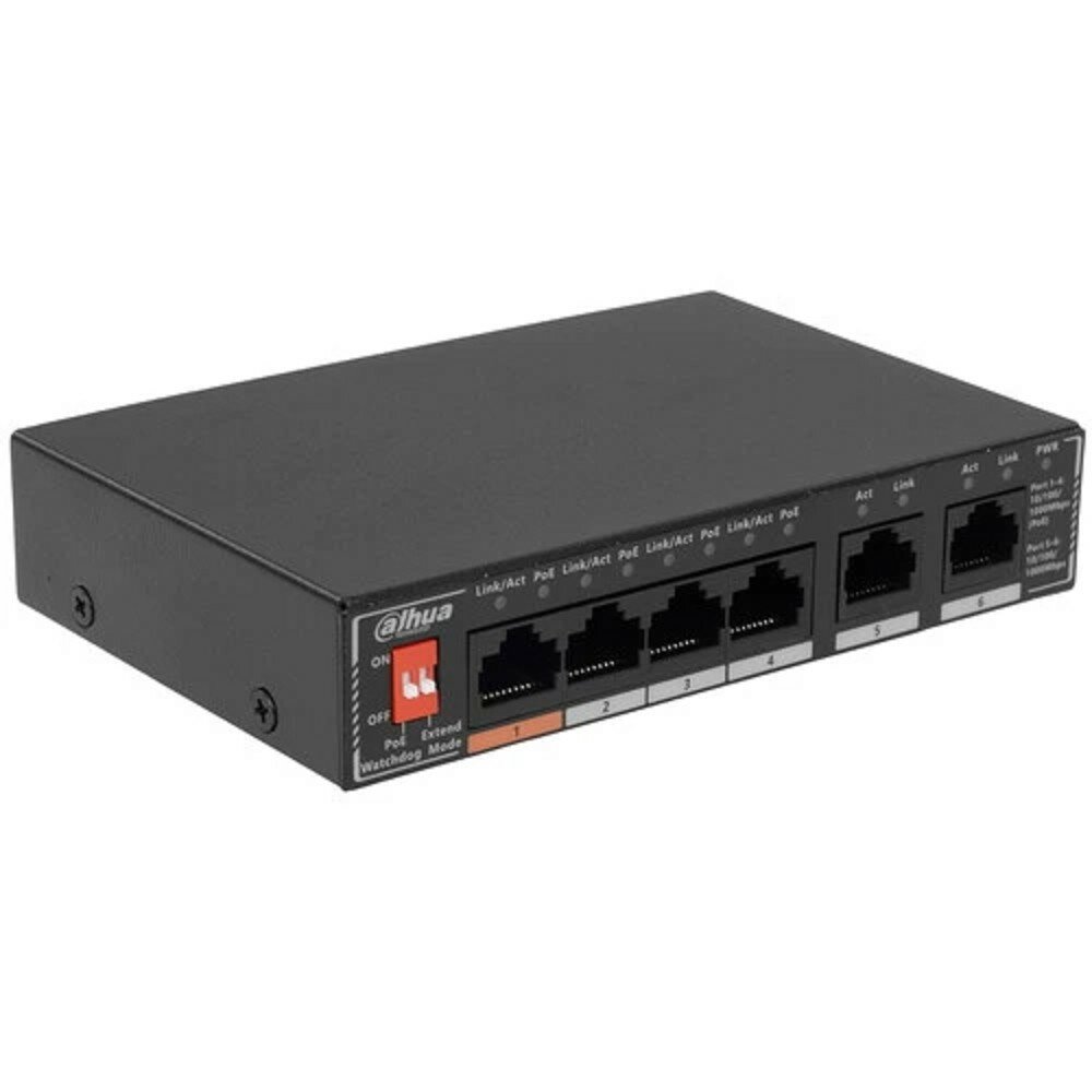 Коммутатор DAHUA DH-SG1006P гигабитный неуправляемый, 2xRJ45 и 4xRJ45+PoE 1Гбит/с