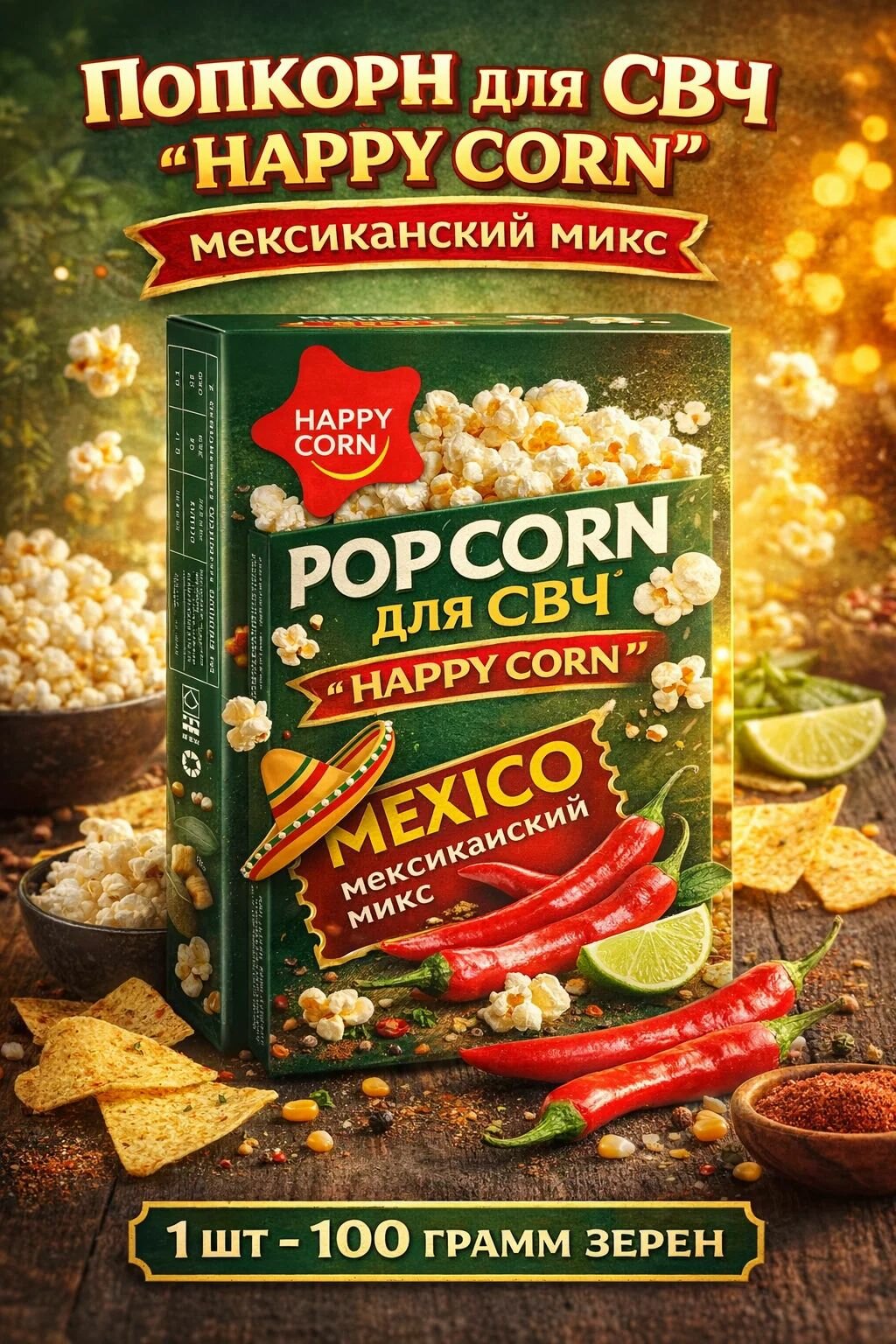 Попкорн HAPPY CORN, мексиканский микс, цельнозерновой, в коробке, 100г