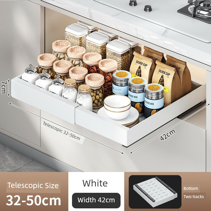 Регулируемая выдвижная полка для кухни для посуды, посуды и специй — белая система хранения