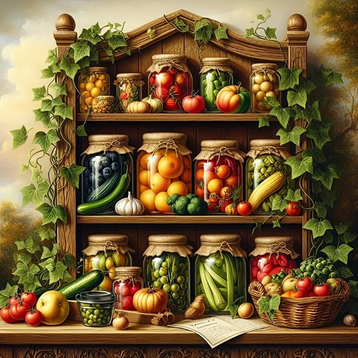 Алмазная картина Huacan "Овощи и фрукты в банках" 40x40 см
