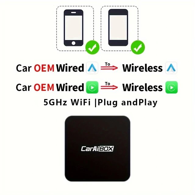 Беспроводной адаптер CarAiBOX CarPlay с USB-интерфейсом, работает по принципу Plug and Play, интеллектуально подключается к вашему телефону и автоматически подключается к CarPlay.