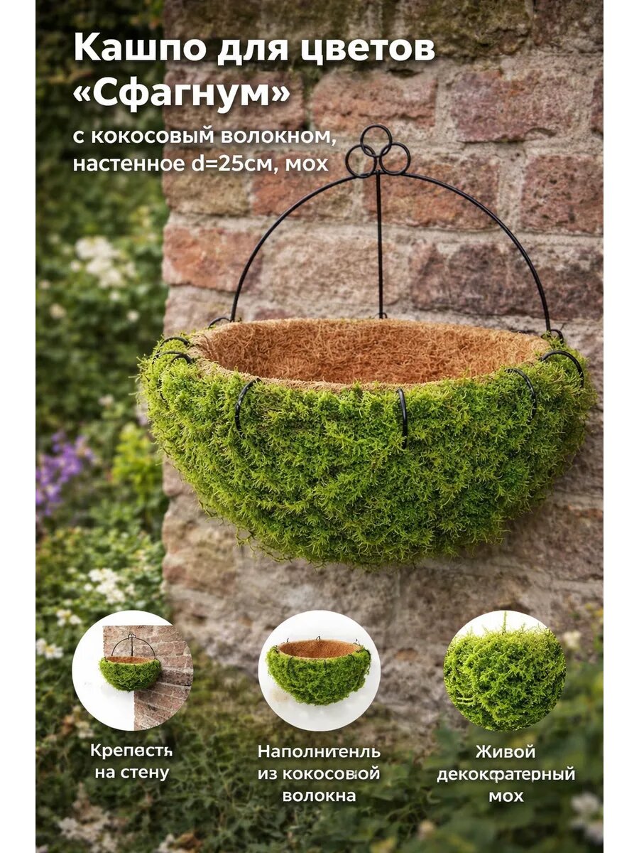 Кашпо для цветов с кокосовым волокном, настенное d=25см, декоративное