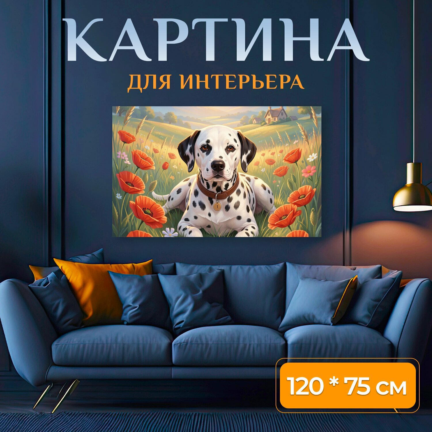Картина на холсте "Далматинец в цветочном поле. Пушистый щенок с пятнистой шерстью лежит среди ярких маков и луговых трав на фоне гор, леса и." на подрамнике 120х75 см. для интерьера