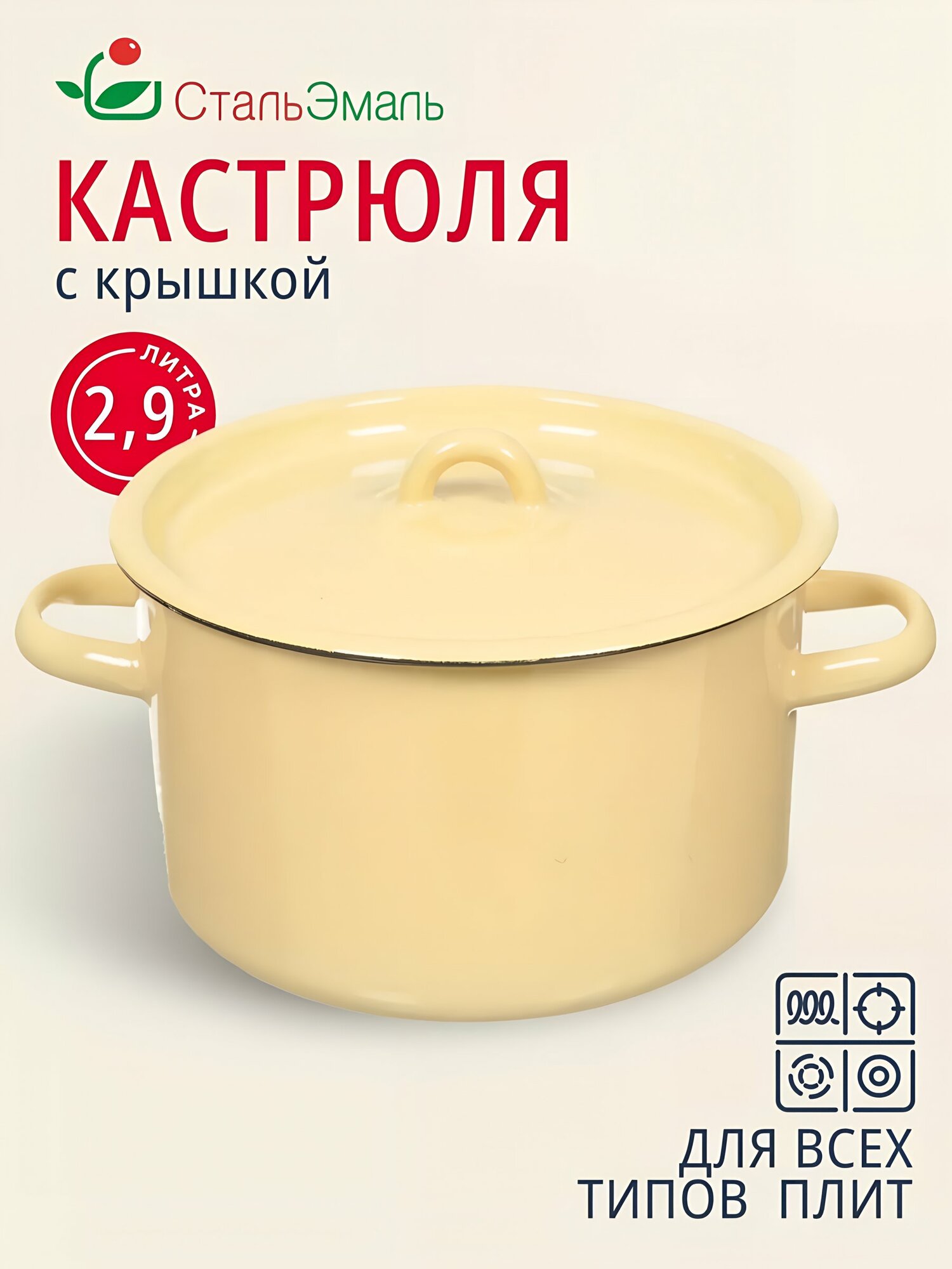 Кастрюля эмалированная СтальЭмаль 2.9 л с крышкой, диаметр 18 см, для индукционных, газовых и электрических плит, Россия
