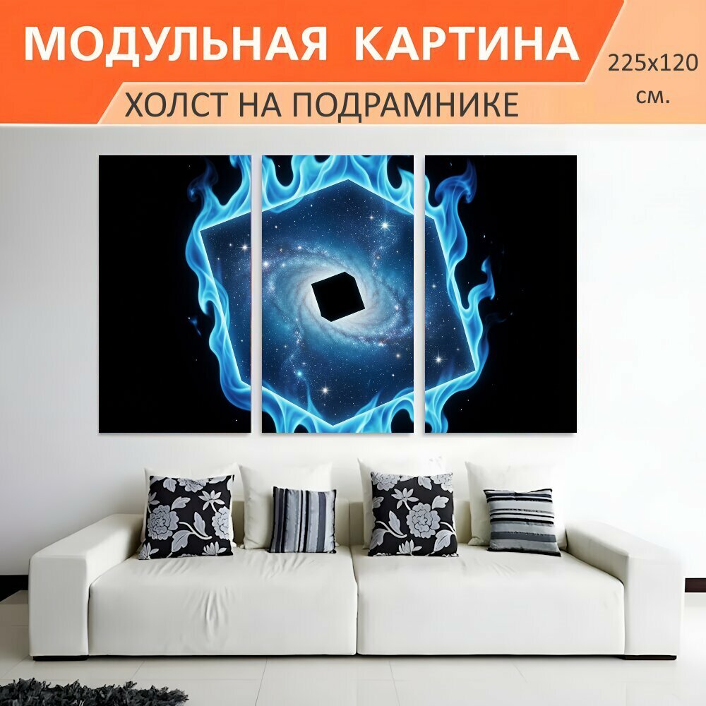 Модульная картина на холсте "Галактика в огненном контуре. Космическая спираль с ярким свечением, окружённая синим пламенем на чёрном." триптих на подрамнике 225х120 см. для интерьера
