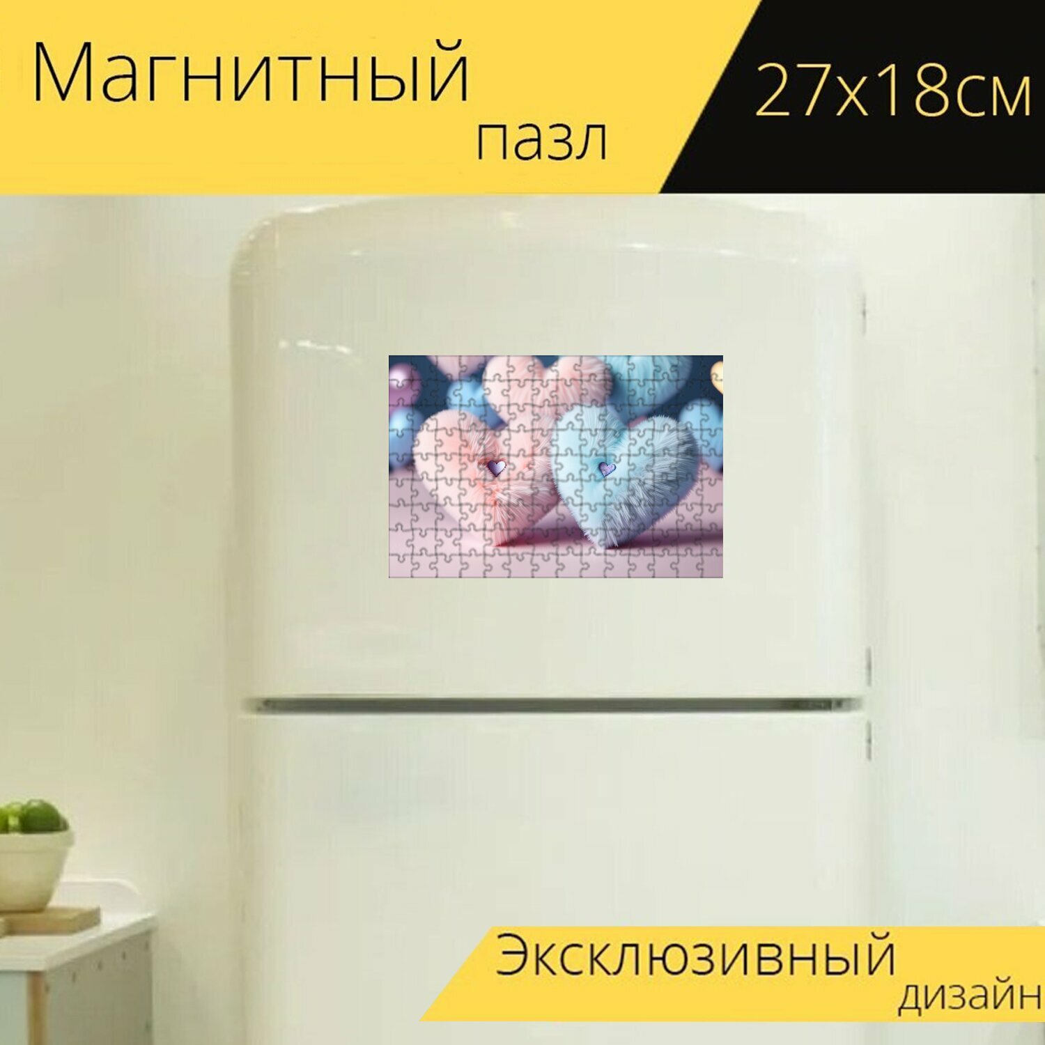 Магнитный пазл "Нежный, реалистичный, детальный, мягкий фокус, сердца из пушистого материала в пастельных тонах, сочетание бледно-розового и голубого." на холодильник 27 x 18 см.