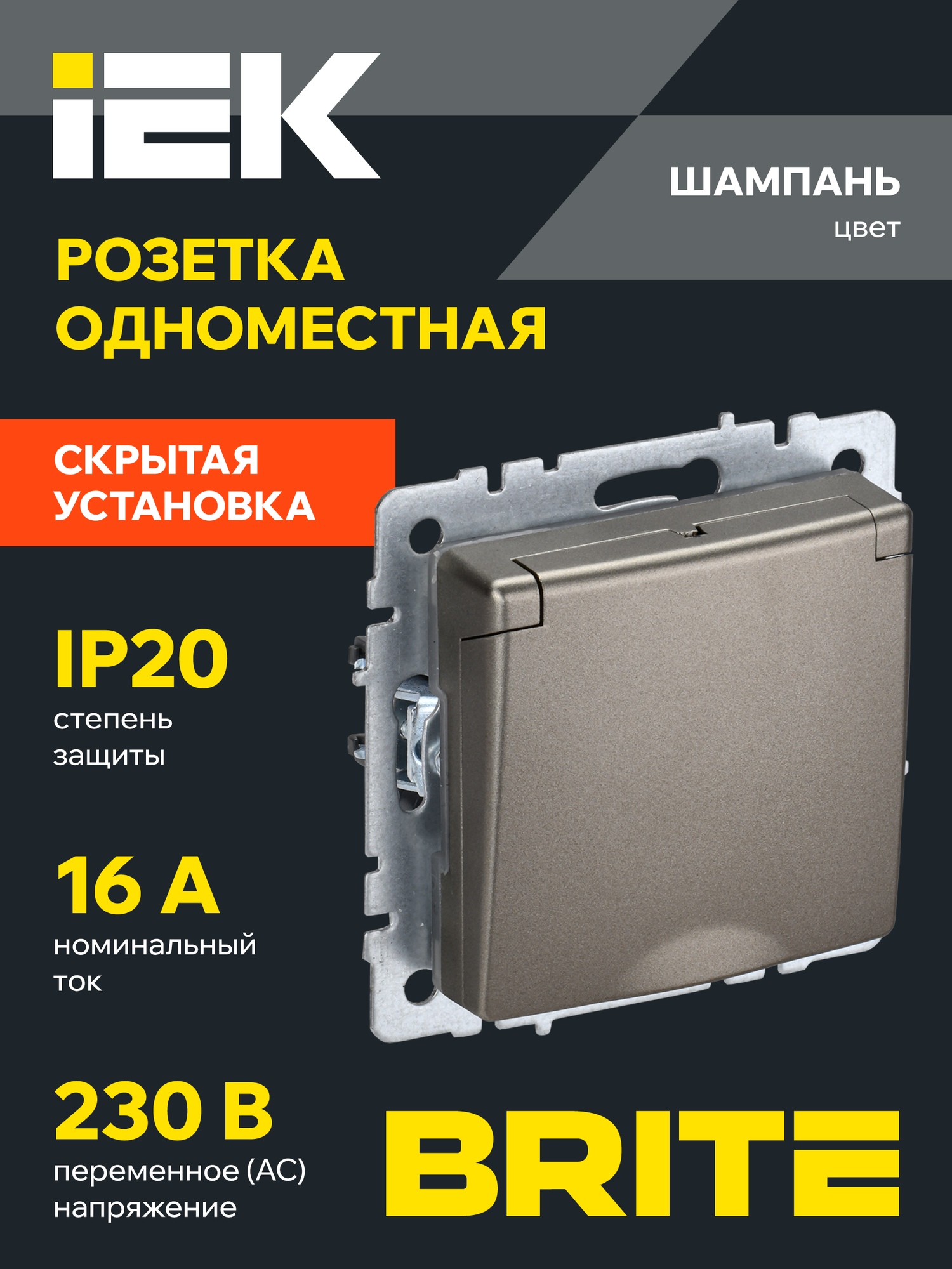 Розетка одноместная с заземлением с защитными шторками и крышкой 16А IP20 РСбш10-3-БрШ шампань IEK серия BRITE