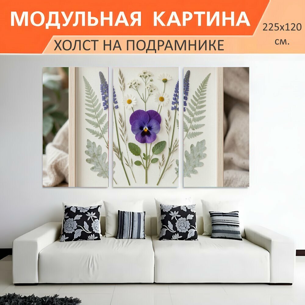 Модульная картина на холсте "Ботаническая композиция с фиалкой. Нежная флористическая композиция из засушенных растений и полевых." триптих на подрамнике 225х120 см. для интерьера
