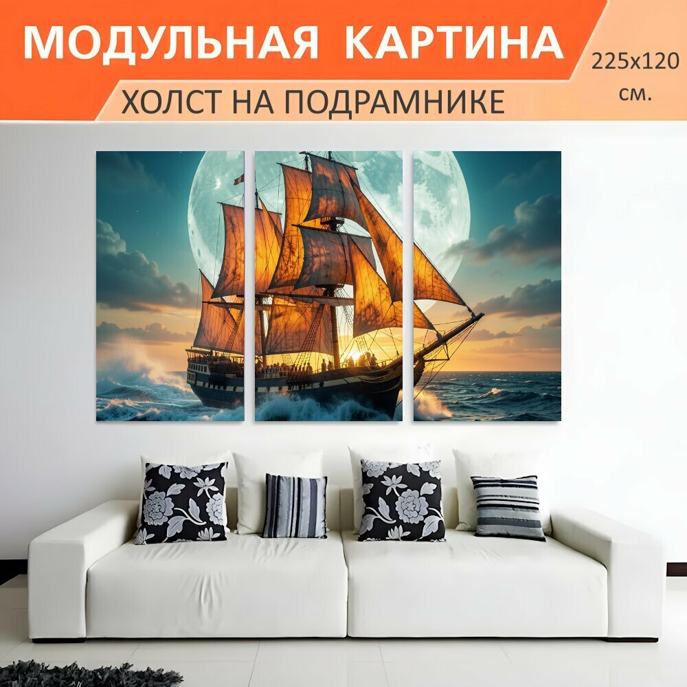 Модульная картина на холсте "Парусник под огромной луной. Морской пейзаж в фантазийном стиле: старинное судно с алыми парусами." триптих на подрамнике 225х120 см. для интерьера