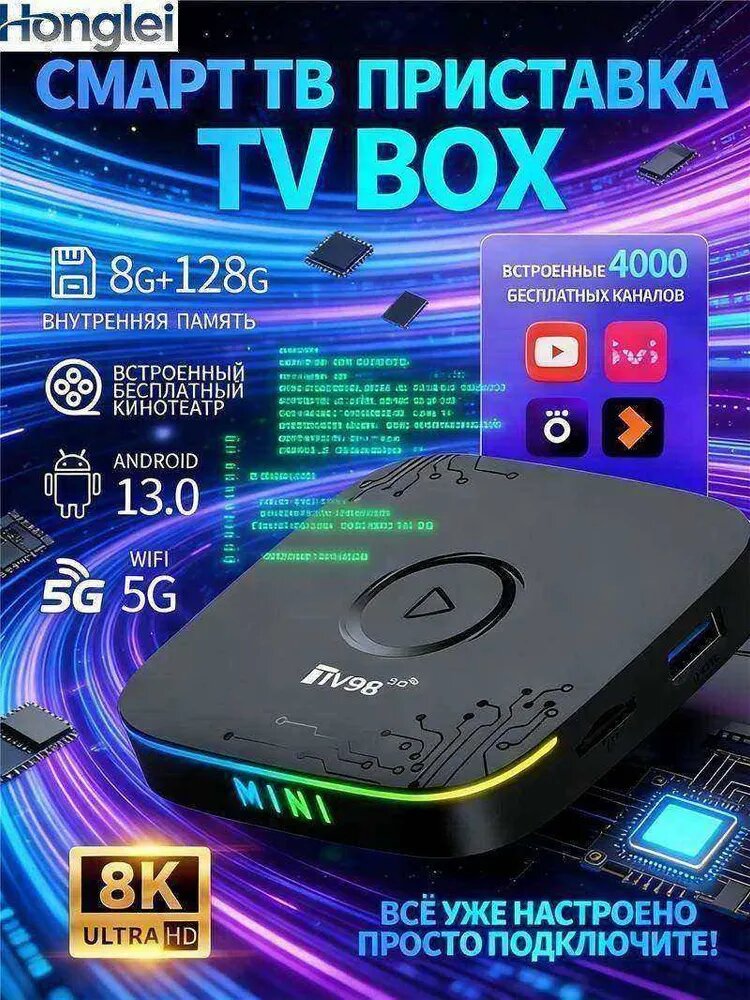Смарт ТВ приставка для телевизора Wi-Fi MINI 8/128 ГБ Андроид 13 8K, медиаплеер для цифрового ТВ с пультом