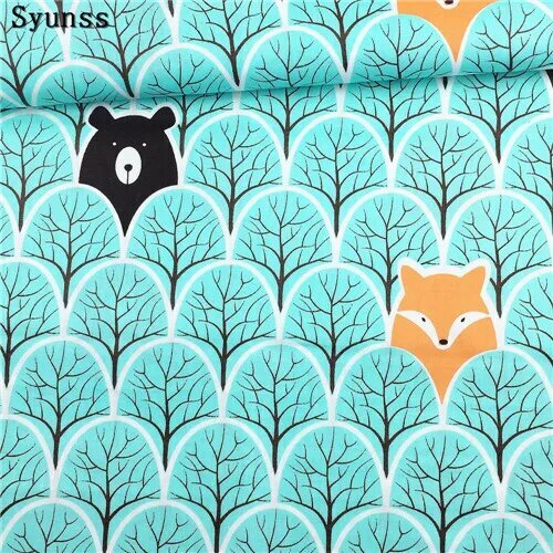 Ткань Syunss хлопок бирюзовый с животными 50x160 см