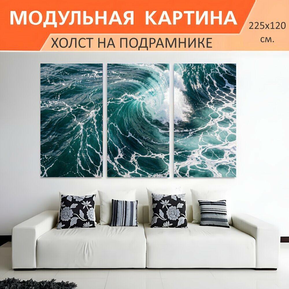 Модульная картина на холсте "Морская волна с пеной. Динамичная океанская стихия с бирюзово-темными водами, белой пеной и закрученной." триптих на подрамнике 225х120 см. для интерьера