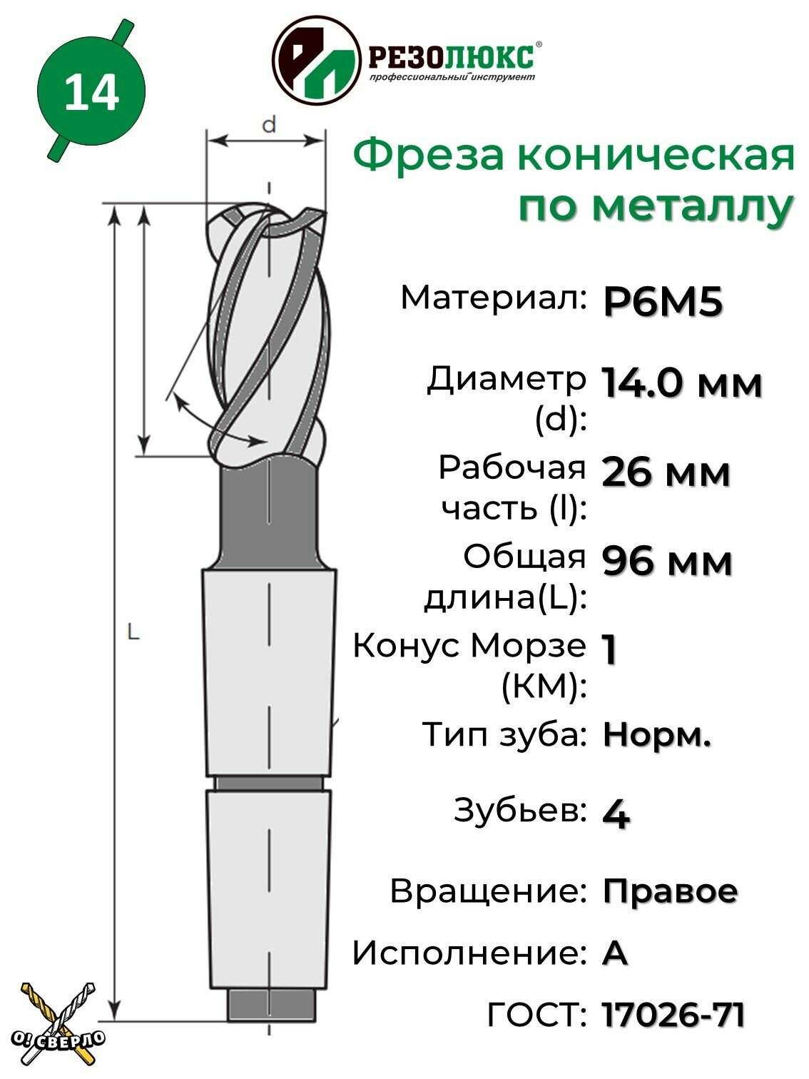 Фреза по металлу концевая 14 мм Z-4 КМ1 резолюкс