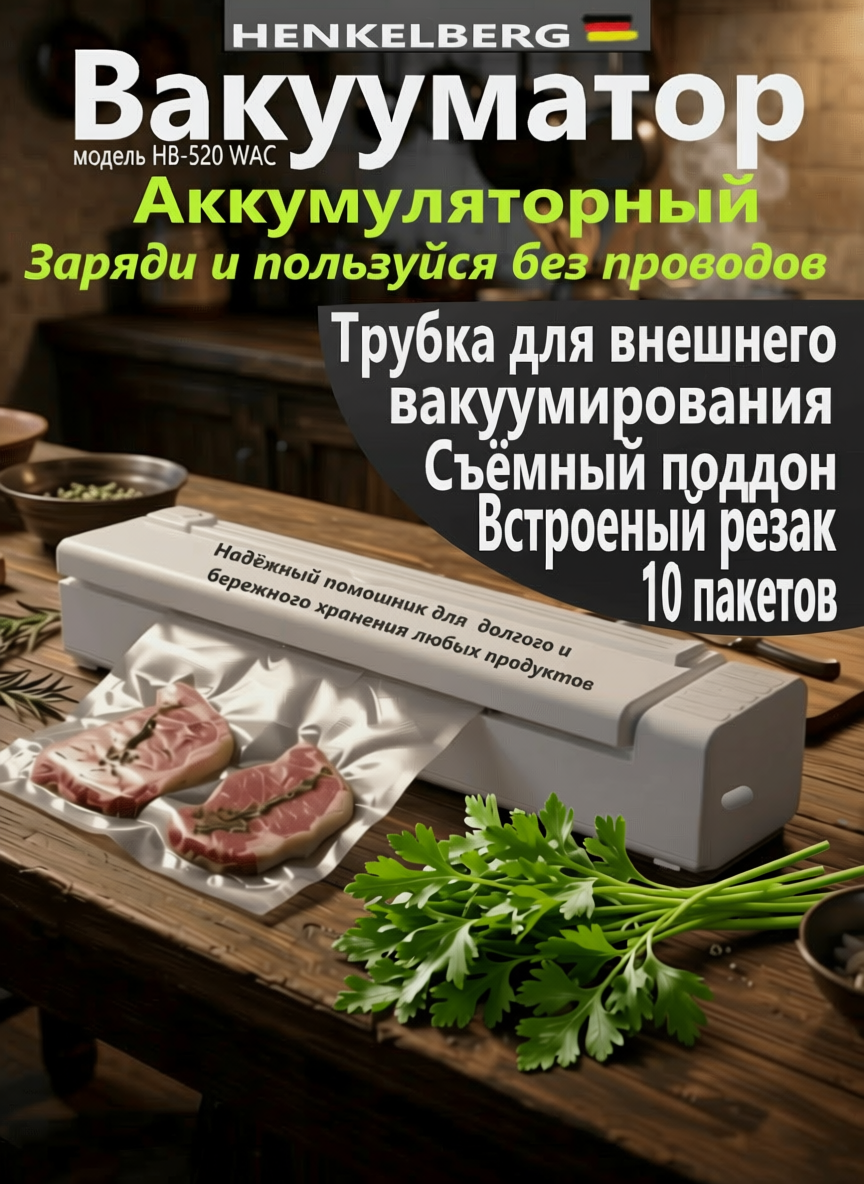 Вакуумный упаковщик аккумуляторный Henkelberg "HB-520WAC" , для сохранения свежести и аромата продуктов
