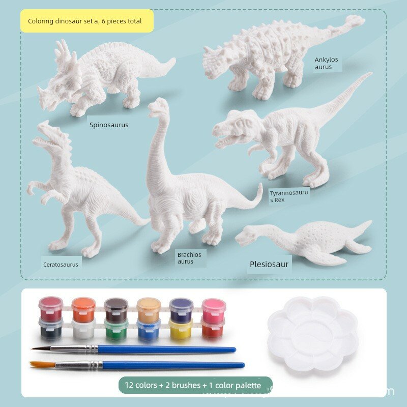 6 динозавров A-стиля + 2 кисти, 12 цветов, поднос для рисования для детей