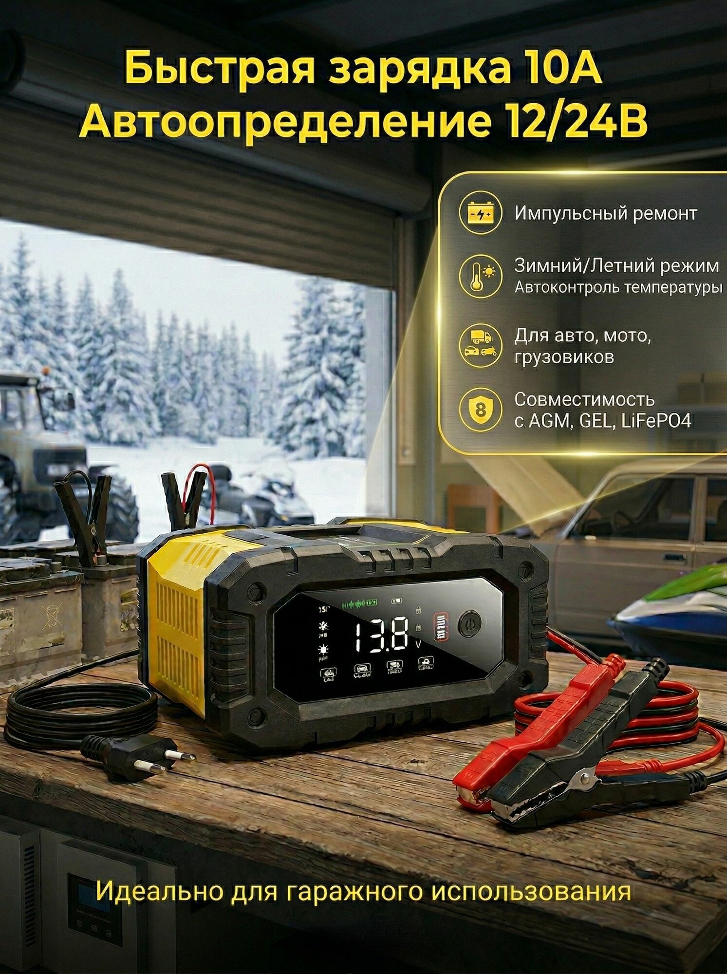 Зарядное устройство для автомобильного аккумулятора 12V/24V, интеллектуальный, 10А, с функцией десульфатации и ремонта