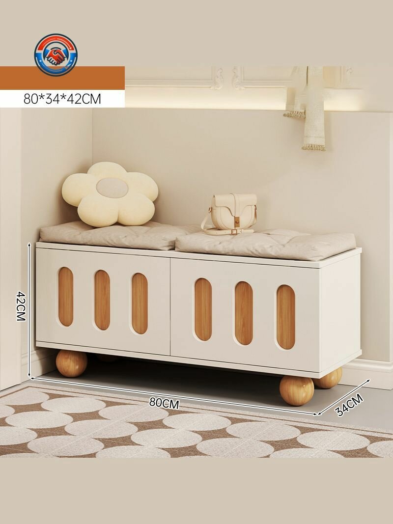 Комод для обуви в прихожую, обувница-скамья с мягким сиденьем и двумя подушками, кремовый деревянный шкаф с дверцами, универсальная тумба для хранения обуви и аксессуаров