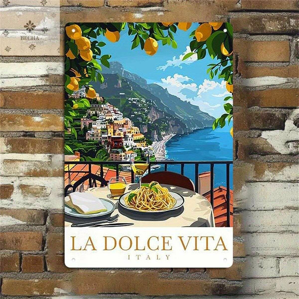 Ретро-металлическая жестяная вывеска в деревенском стиле: Итальянское побережье с лимонными деревьями,2D Плоская подвесная табличка, декоративная роспись 20х30 см