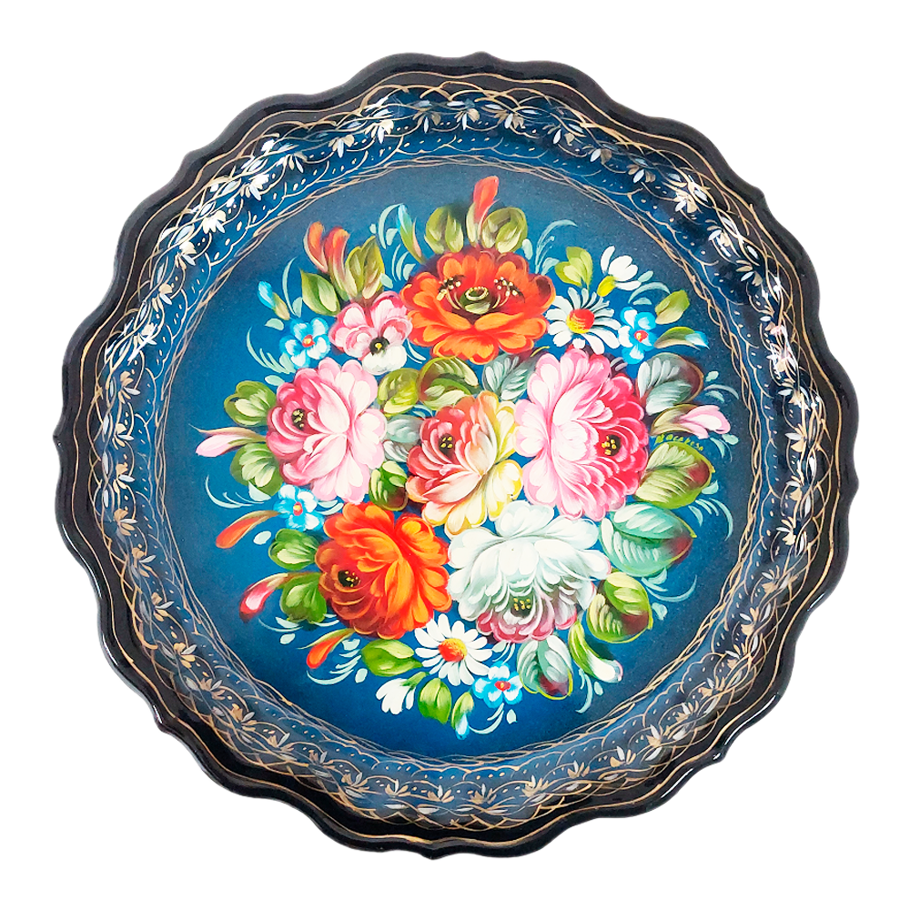 Поднос металлический, круглый "Цветочные истории", жостово 37см.