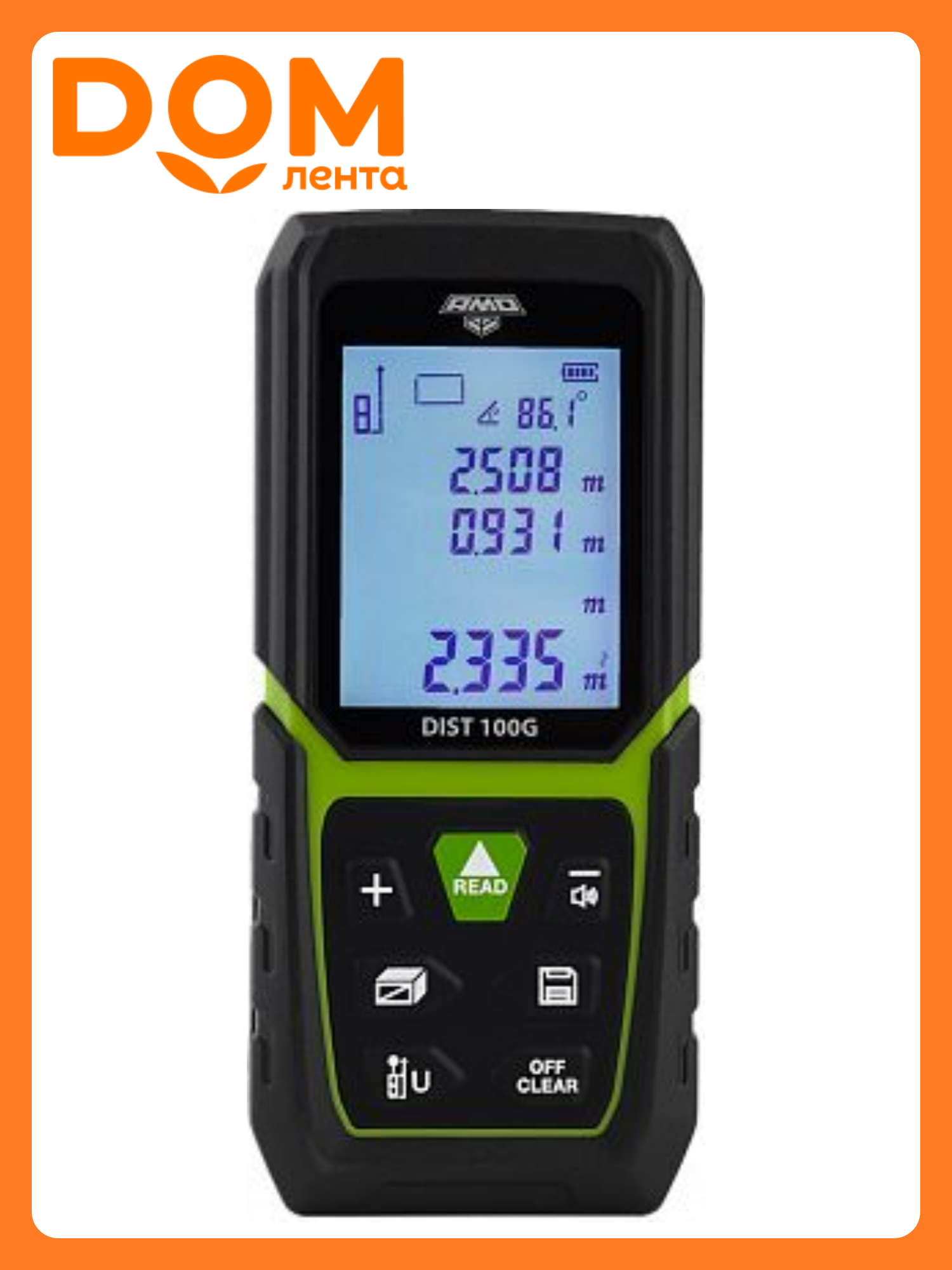 Лазерный дальномер AMO DIST 100G, точность ±2 мм, дальность 100м, Li-Ion 3,7В, 850мАч, IP54