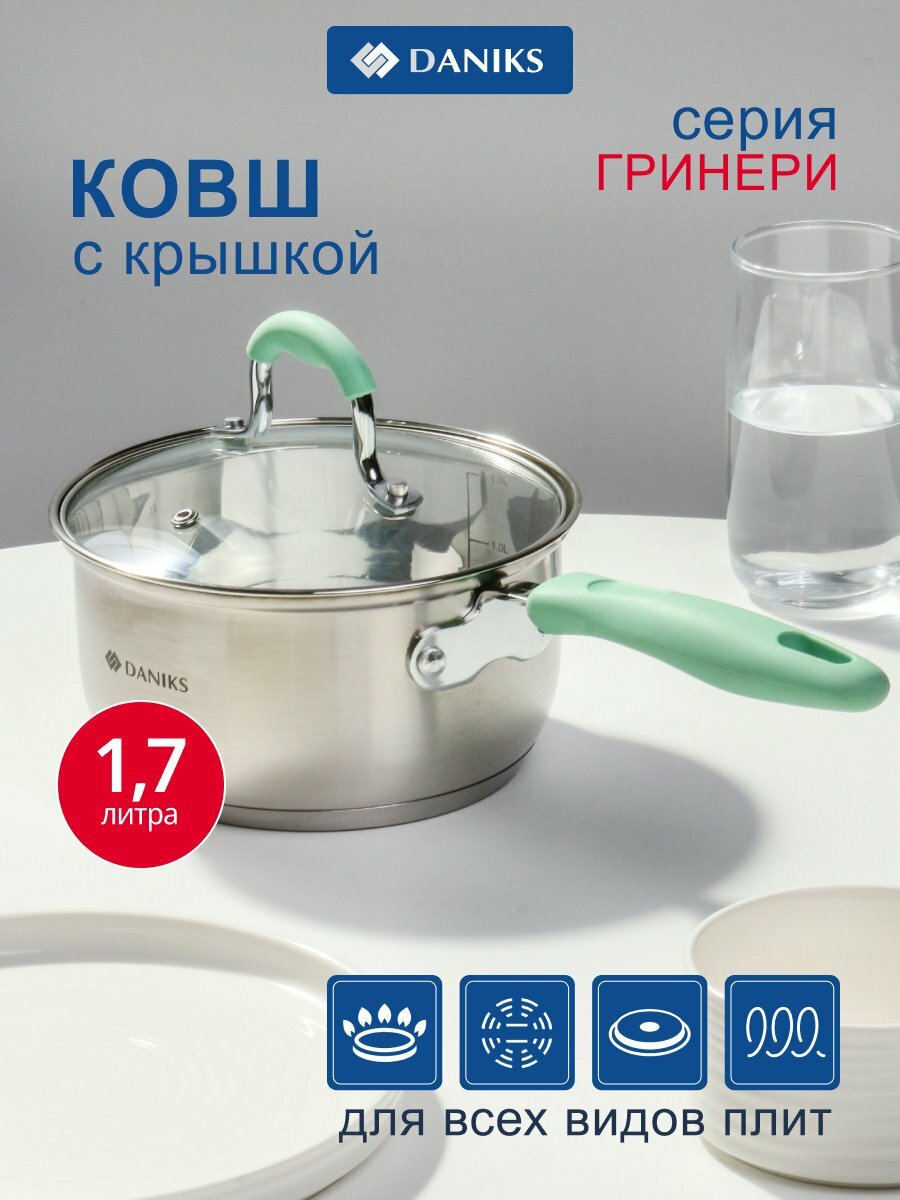 Ковш кухонный с крышкой из нержавеющей стали 1,7 л, индукция, Daniks, Гринери