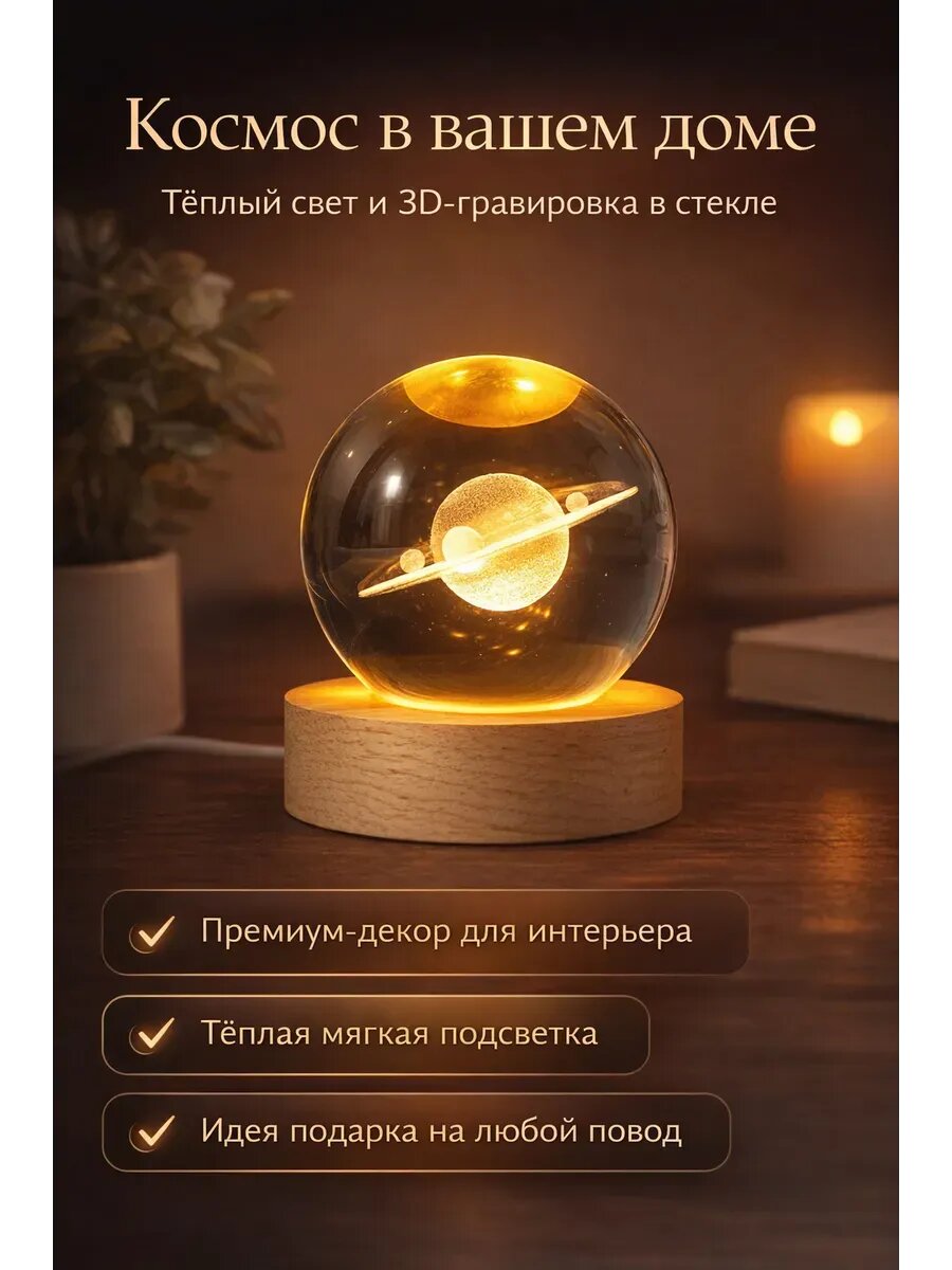 Ночник детский Сатурн стеклянный шар 3D