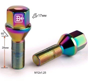 Болт колеса М12 х 1,25 L=28мм конус радуга****************