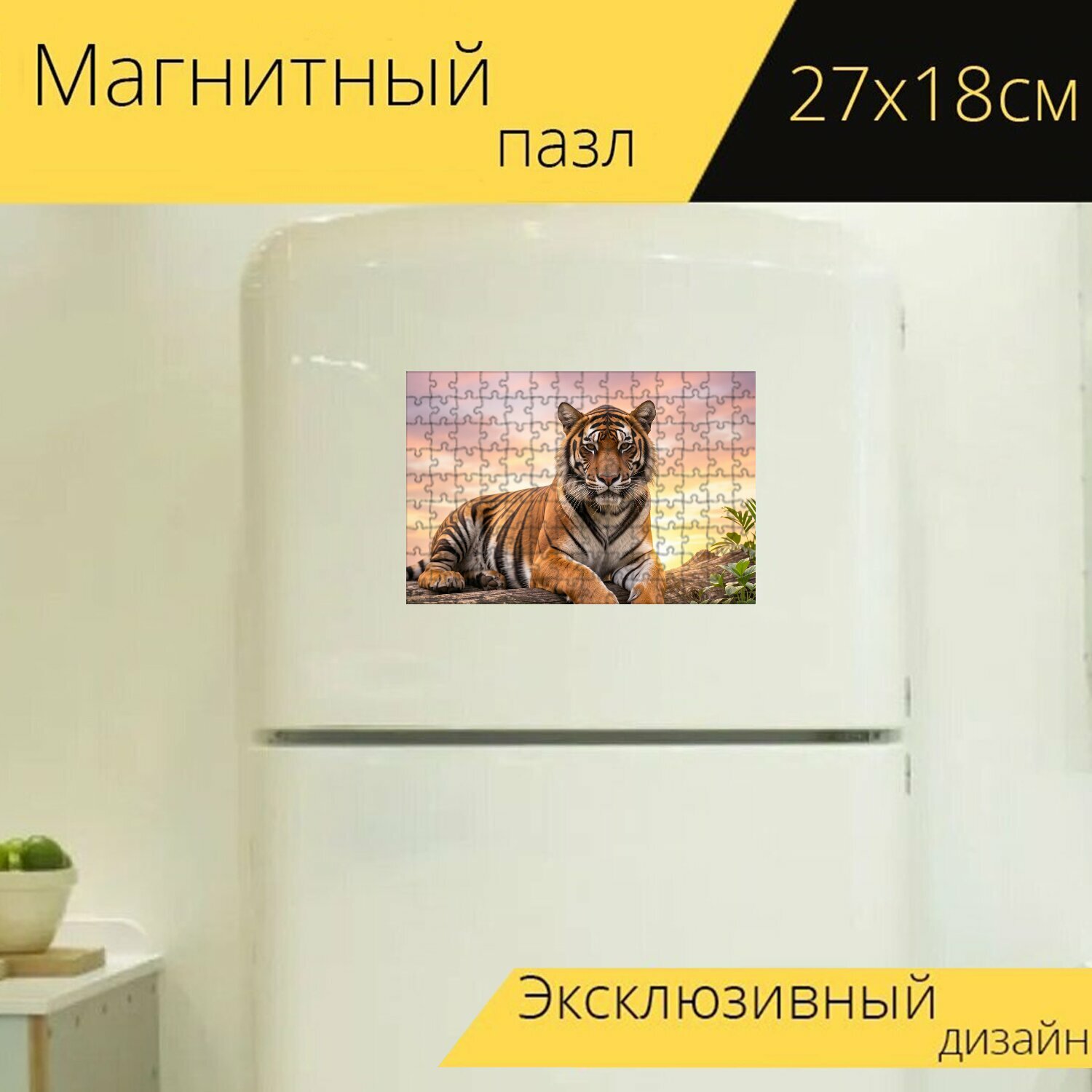 Магнитный пазл "Тигр на бревне на закате. Реалистичный дикий хищник лежит на старом стволе на фоне теплого вечернего неба. Оранжево-розовые оттенки." на холодильник 27 x 18 см.