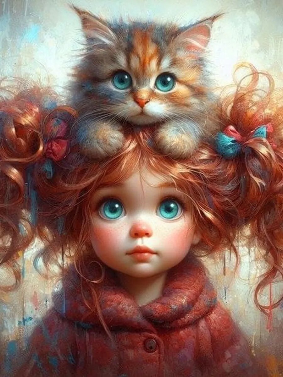 Картина по номерам на холсте Девочка Котик 40*50 см