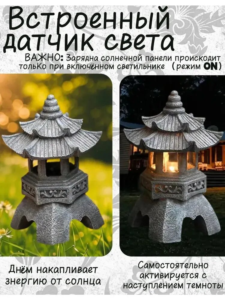 Фигурка садовая в форме пагоды 26х14 см, серого цвета, из смолы, с солнечной панелью, защитой от влаги, теплое свечение — фото 1