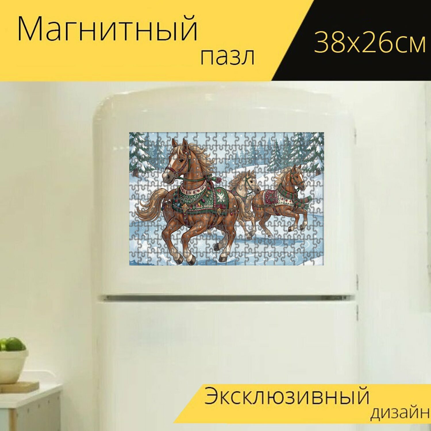 Магнитный пазл "Три лошади в зимнем лесу. Сказочная новогодняя иллюстрация с бегущими по льду конями в вязаных узорных попонах и шарфах. Заснеженные ели." для интерьера, 38х26 см.