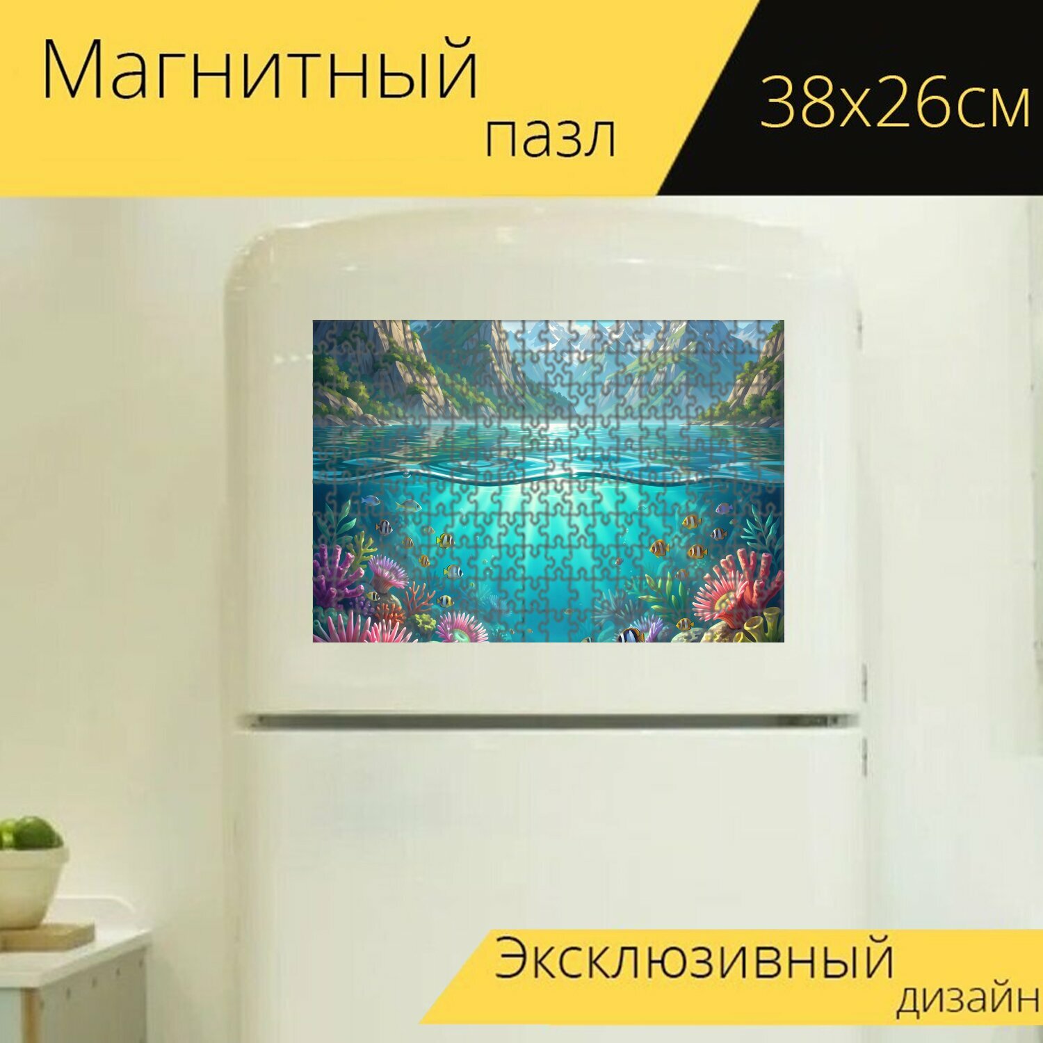 Магнитный пазл "Горное озеро и коралловый риф. Фантазийный альпийский вид с прозрачной бирюзовой водой, снежными вершинами, тропическими рыбками, анемонами." для интерьера, 38х26 см.