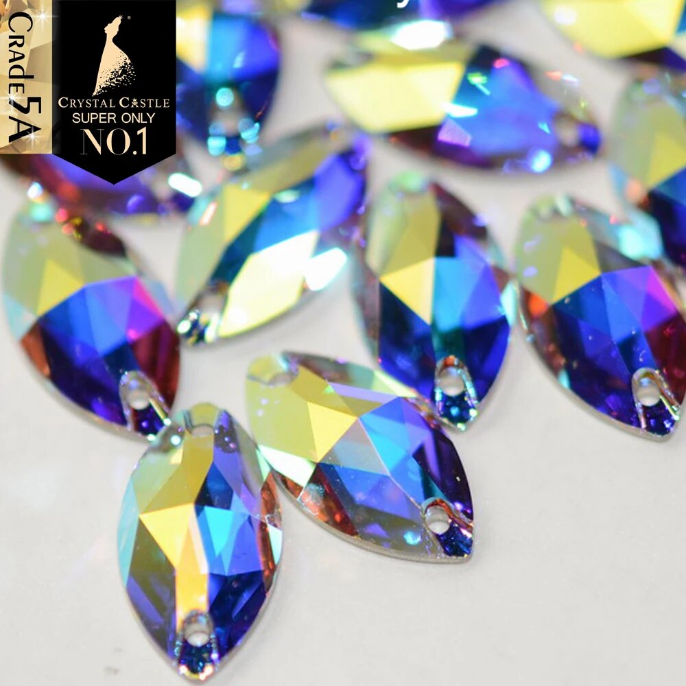Стеклянные стразы Navette 9x18mm, Gold-Bluish AB, 72шт