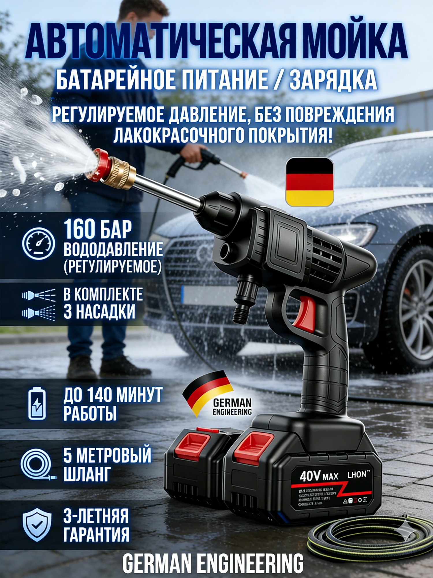 Аккумуляторная автомойка , высокого давления, для автомобиля, в кейсе 2 аккумулятора, минимойка с пистолетом