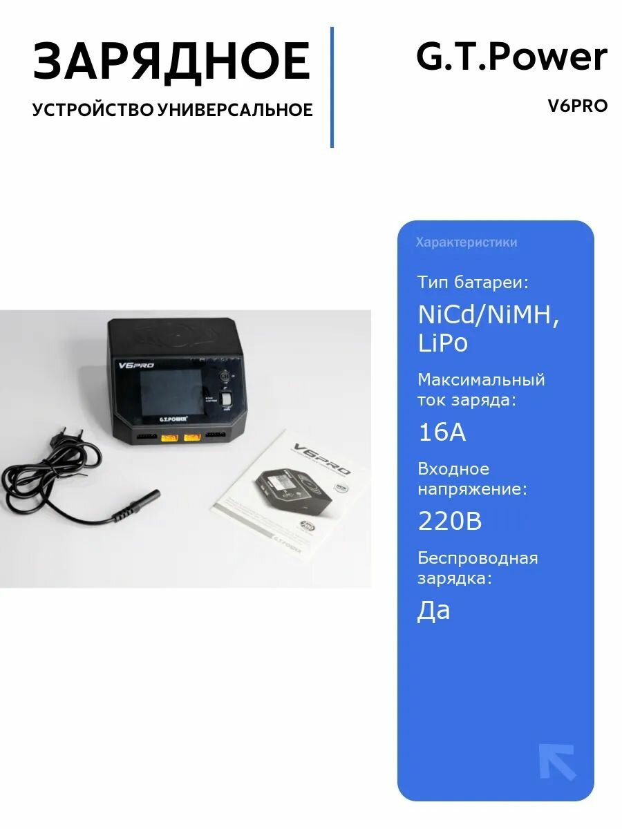 Зарядное устройство G.T.Power V6PRO Dual Power 7-30В, 16A, USB, Wireless 7.5W, для NiCd/NiMH, LiPo, с защитой