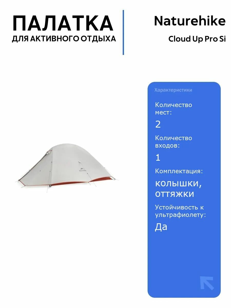 Палатка Naturehike Cloud Up Pro Si 2-местная, алюминиевый каркас, серая, для активного отдыха, легкая и устойчивая к дождю