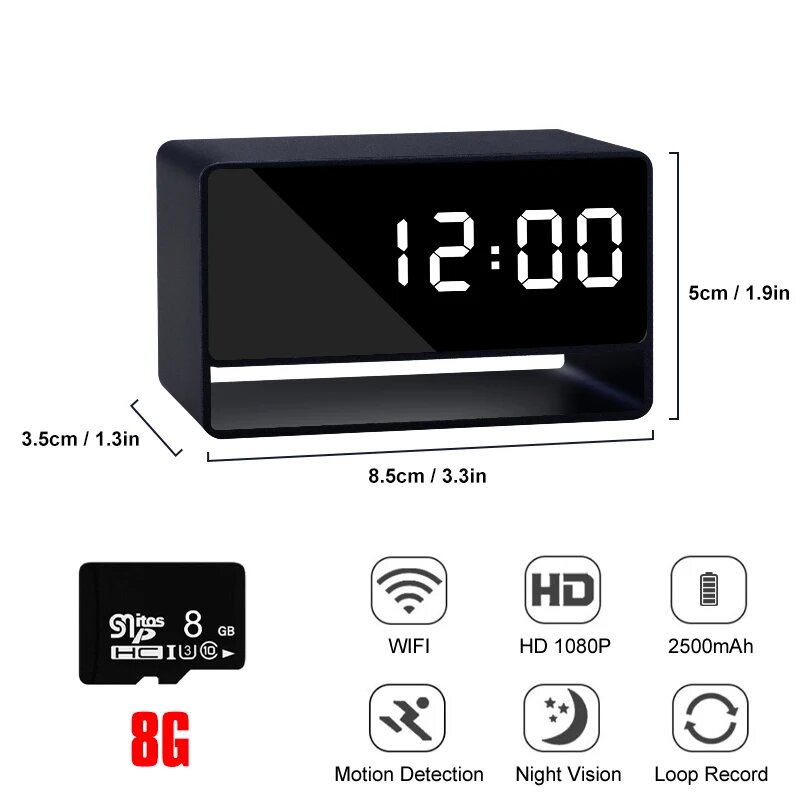 Мини-камера часы 1080P WiFi, 8G, ночное видение, обнаружение движения